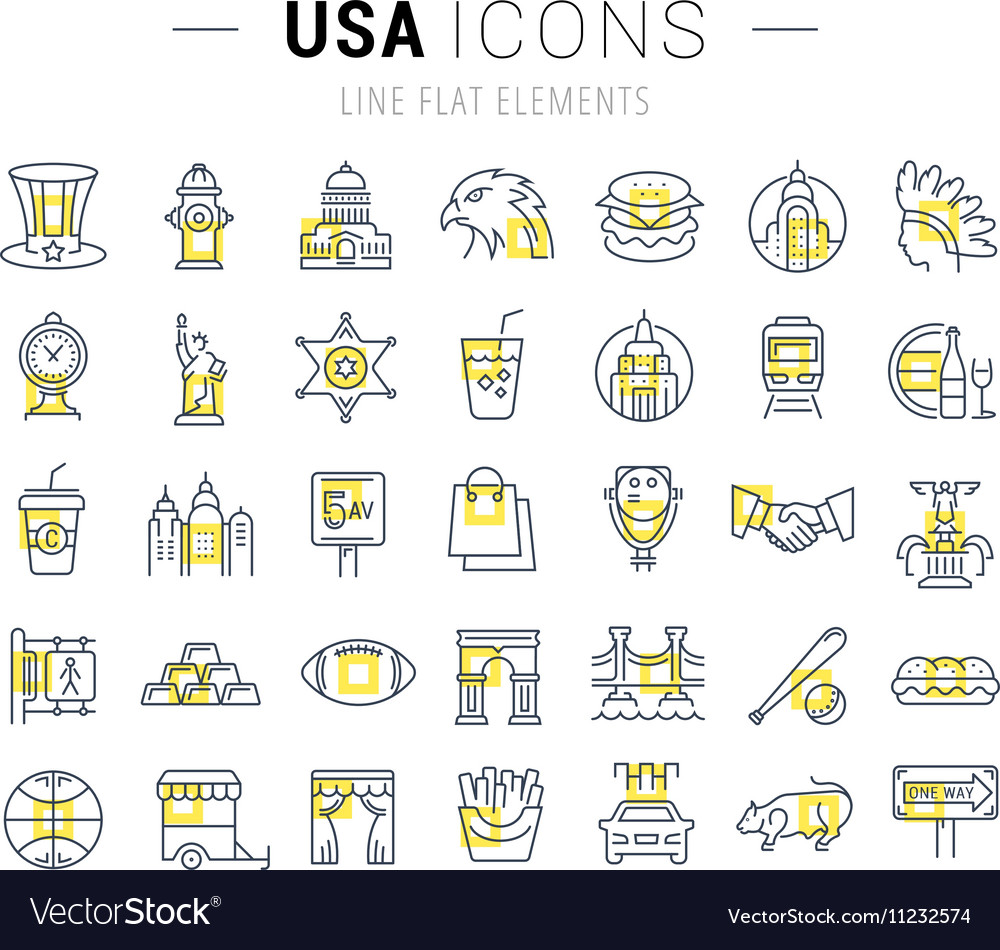 Set flat line icons usa and america Royalty Free Vector