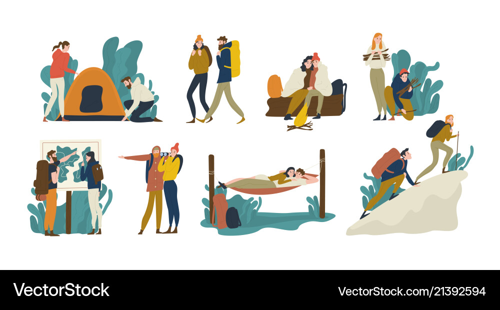 Collection young romantic couples during hiking Vector Image