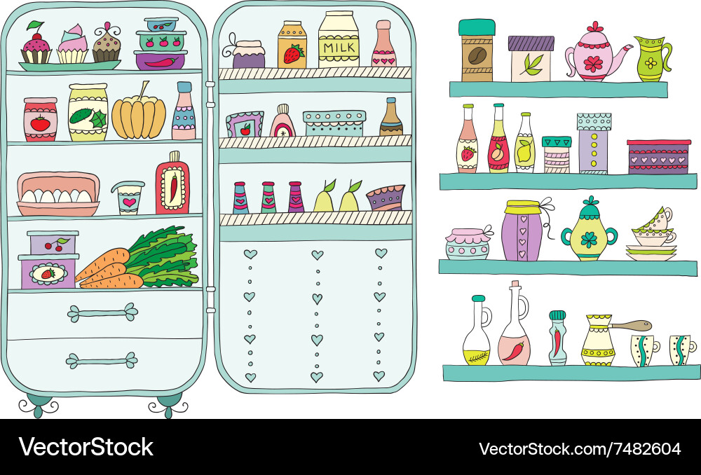 Doodle refrigerator with food drawn by hand Vector Image