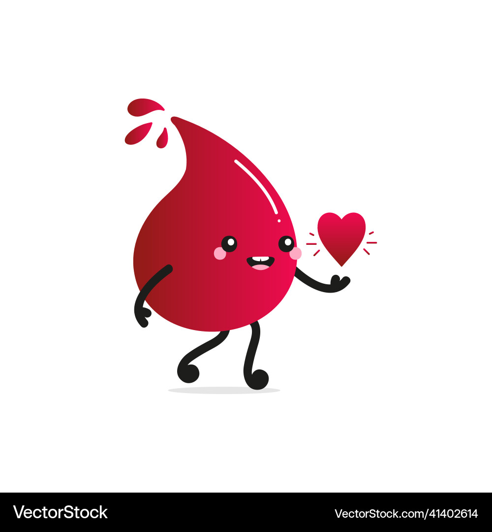 Red blood drop character with heart Royalty Free Vector