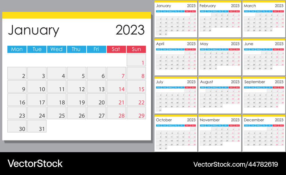 Calendar 2023 on english language week start Vector Image
