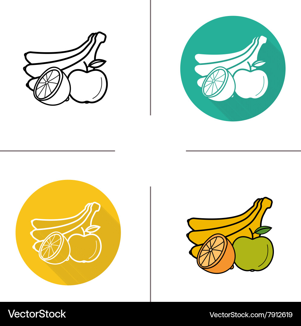 Fruits flat design linear and color icons set Vector Image