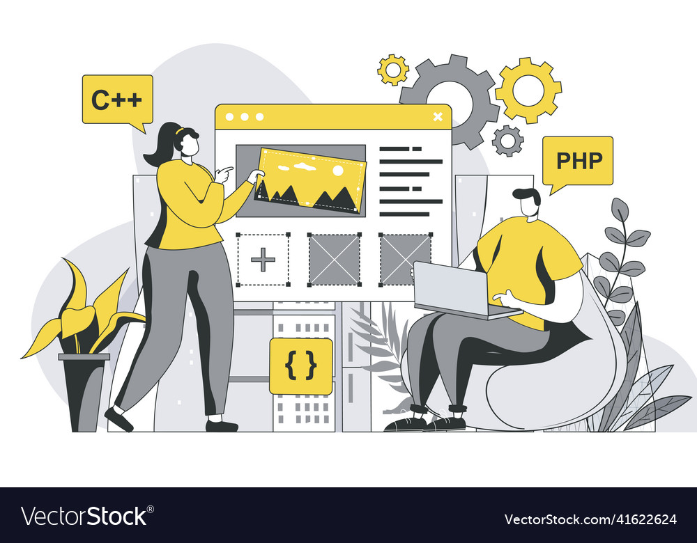 Developers team concept with outline people scene Vector Image