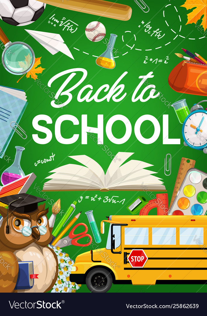 Back to school owl school bus study supplies Vector Image