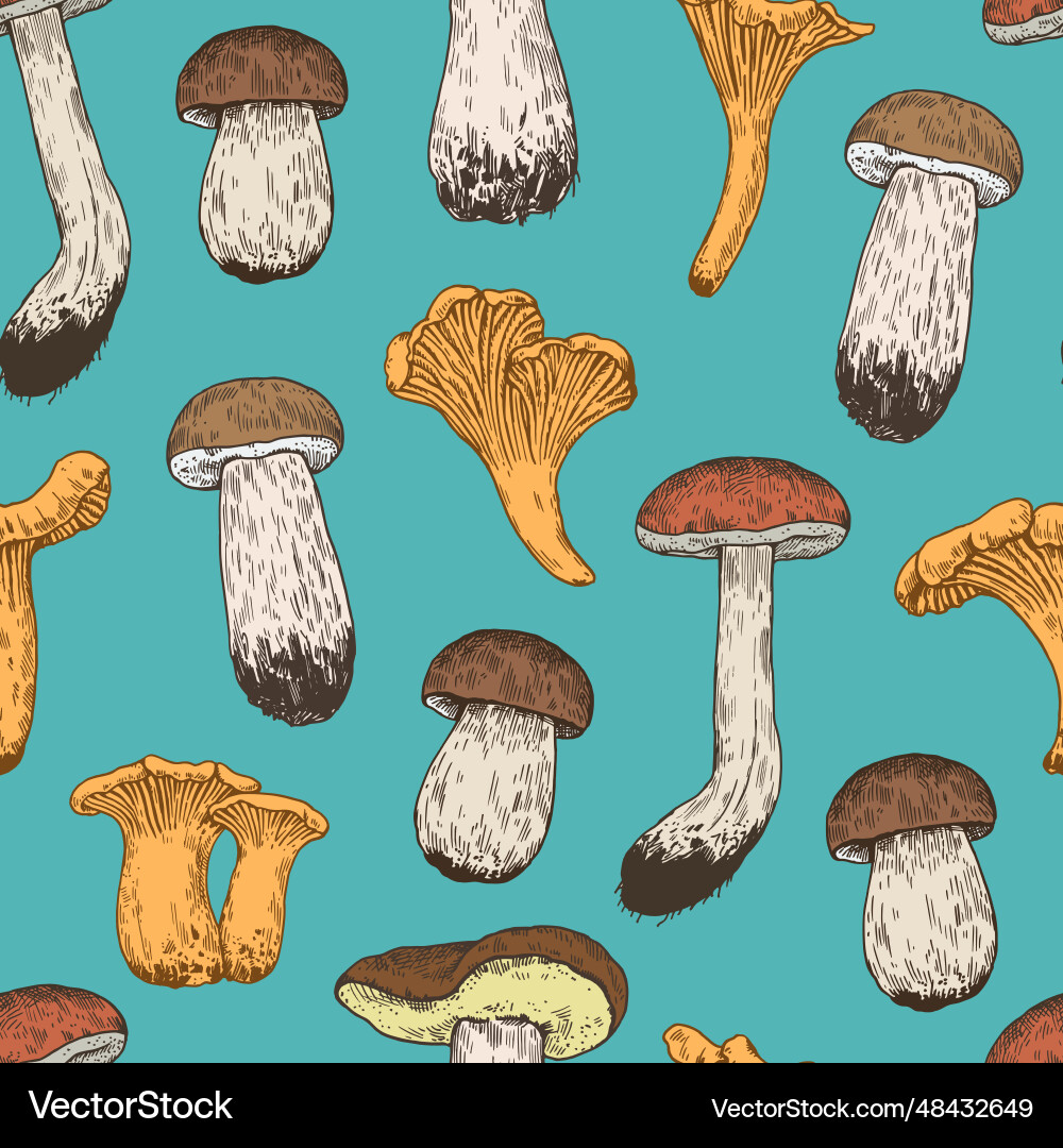 Seamless pattern with mushrooms in retro engraving