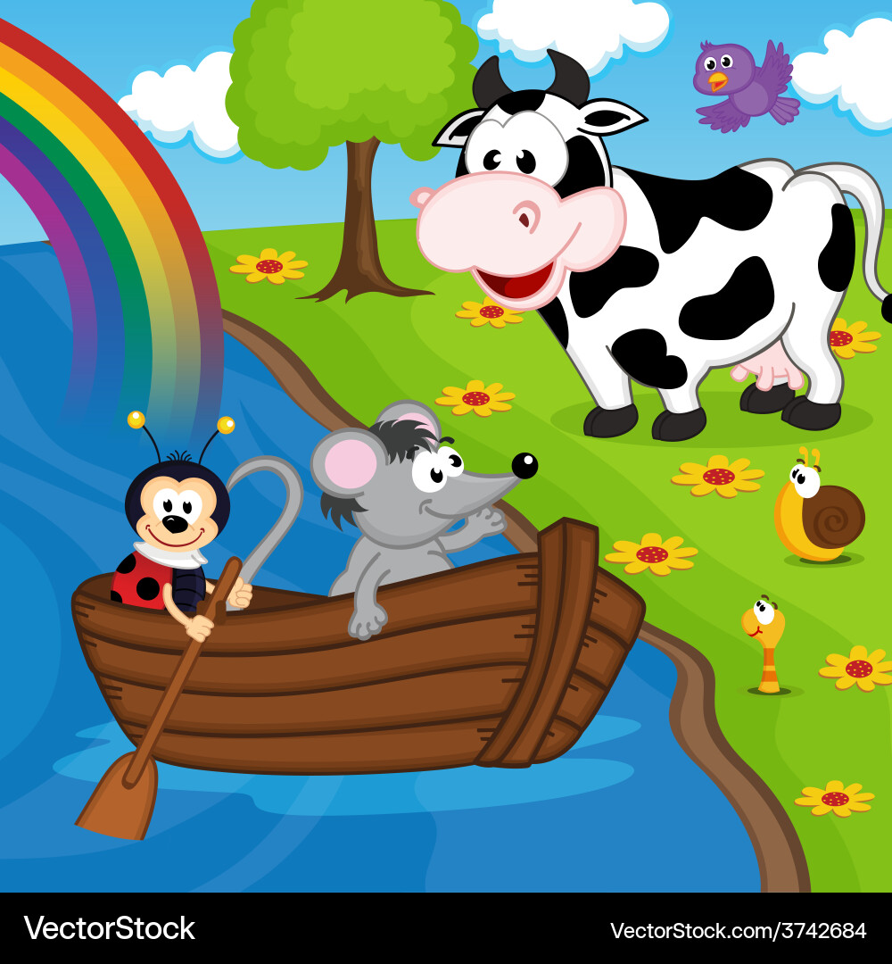 Mouse ladybug on boat on river Royalty Free Vector Image
