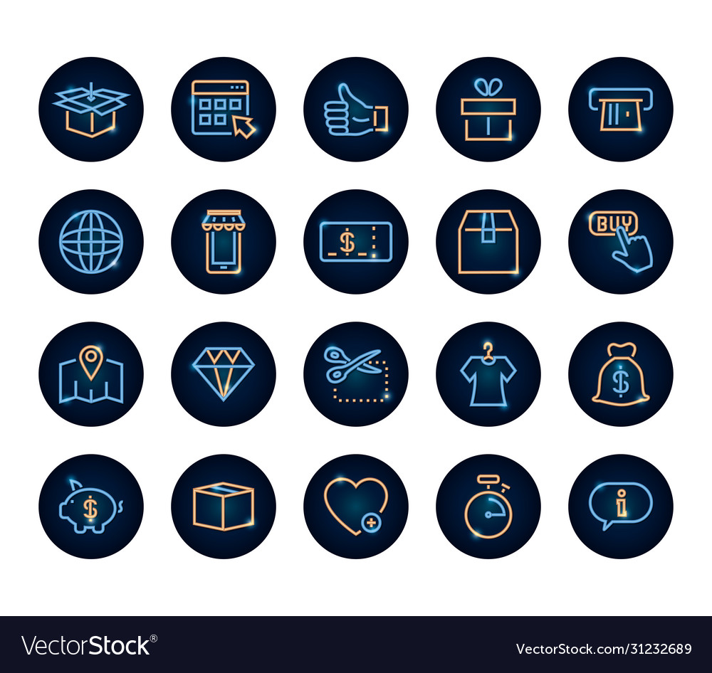 Box and online shopping icon set neon style Vector Image Box and online shopping icon set neon style Vector Image