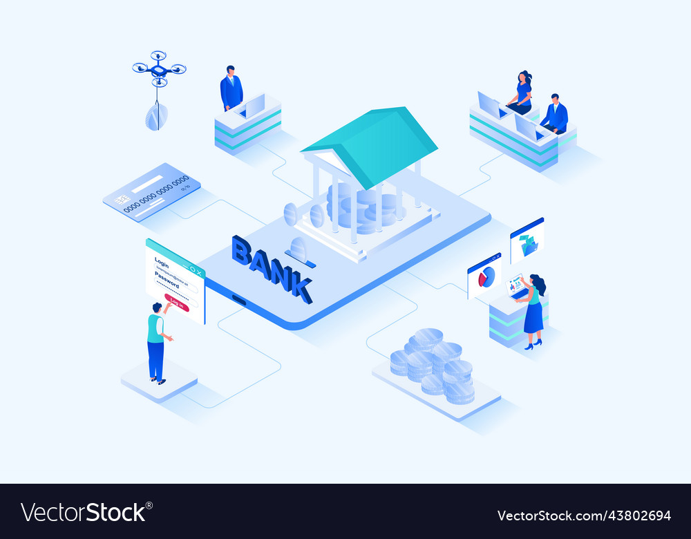Mobile banking 3d isometric web design Royalty Free Vector