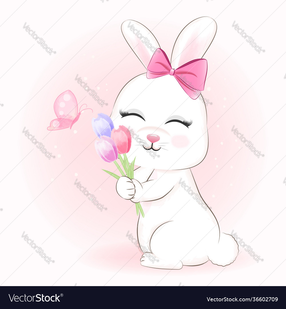 Cute bunny and tulip flowers with butterfly Vector Image