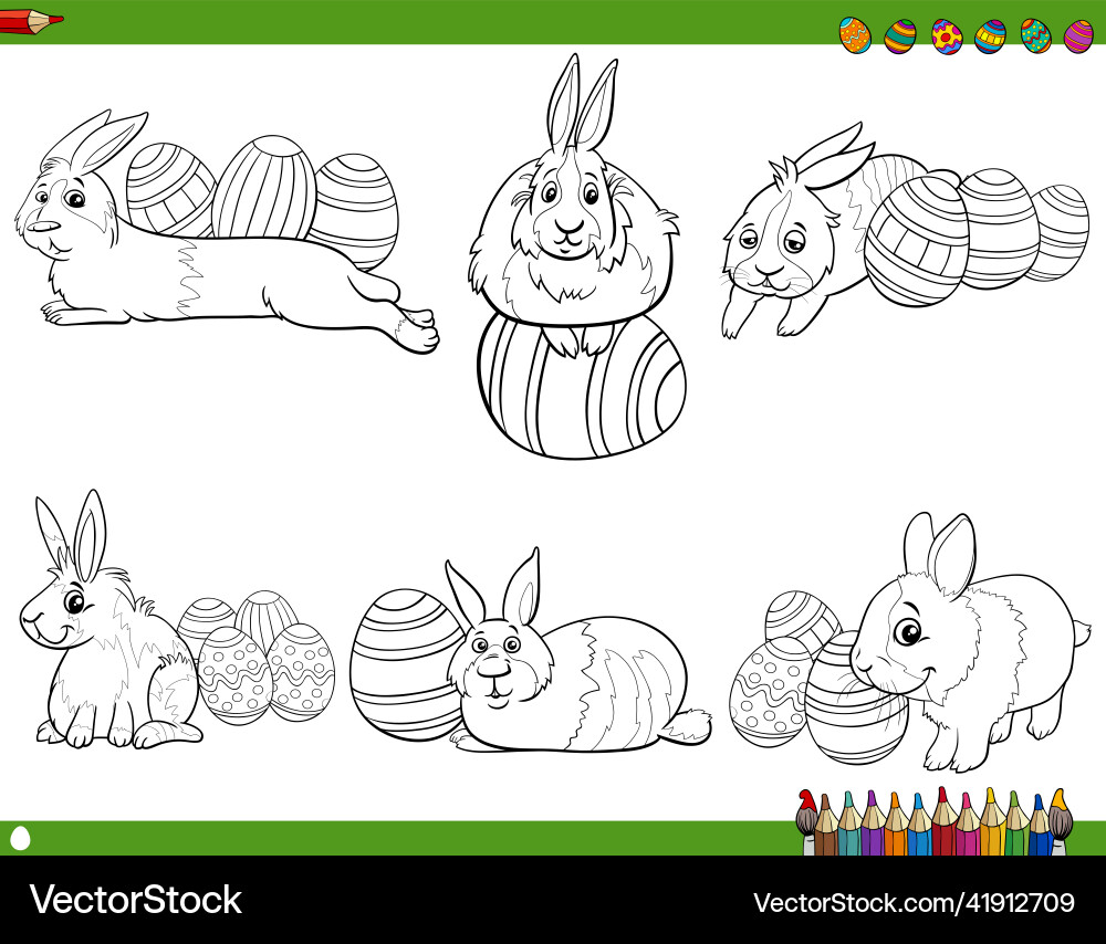 Easter bunnies characters and eggs coloring book Vector Image