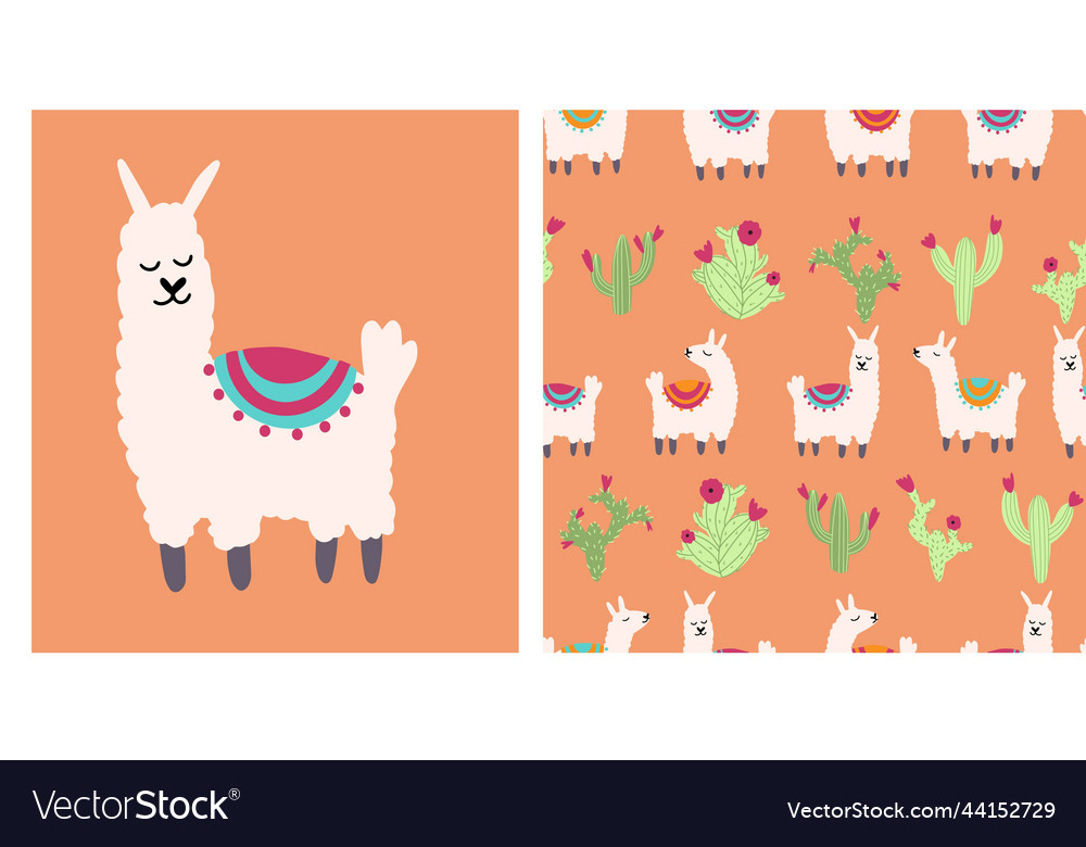 Lama alpaca seamless pattern with cactus Vector Image