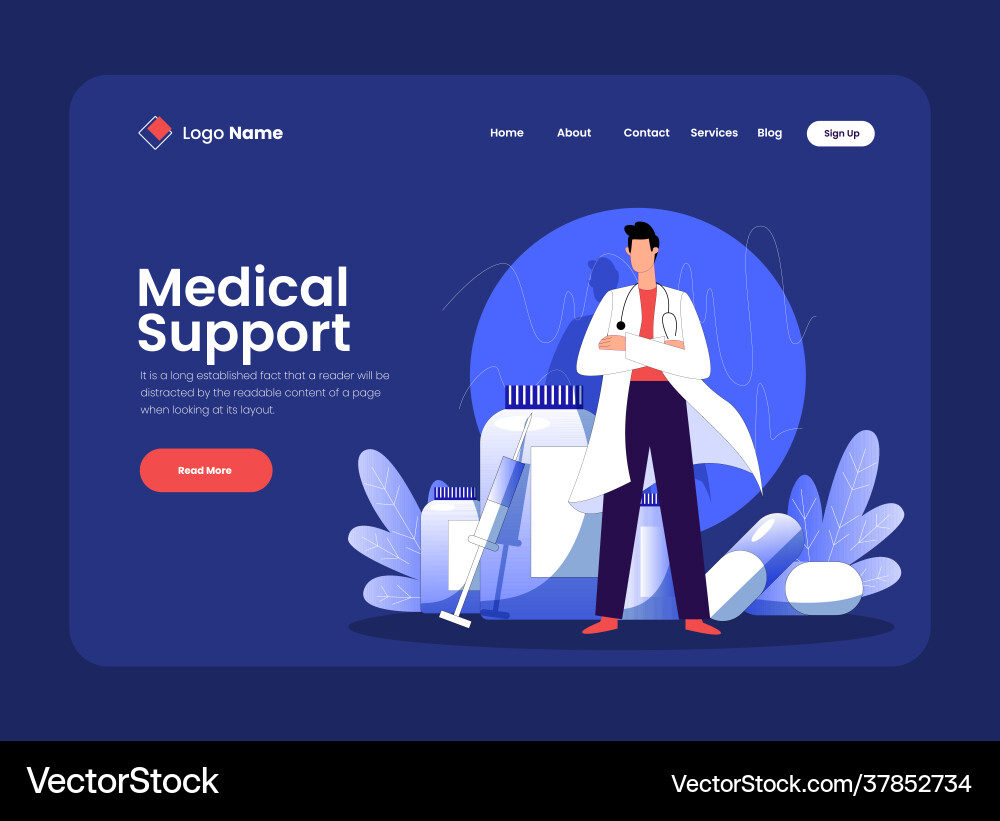 Medical support landing page design Royalty Free Vector