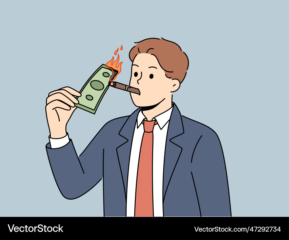 Rich businessman burn dollar bill with cigar Vector Image