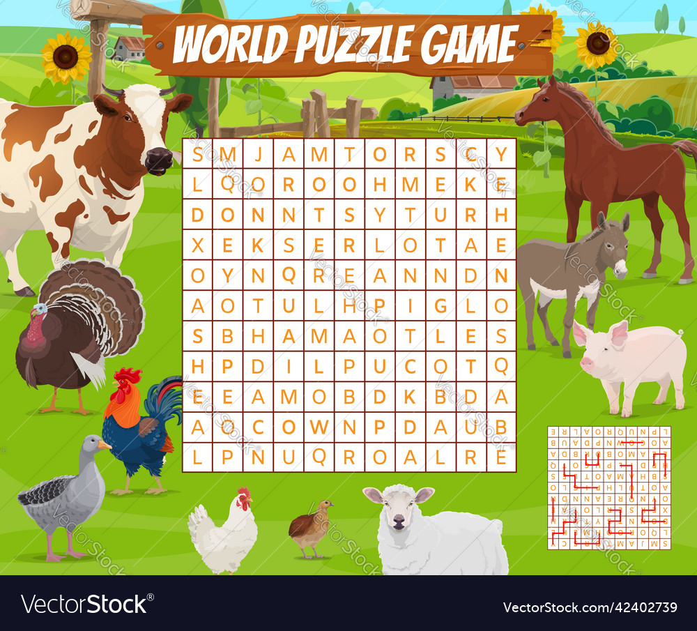 Farm animals on word search puzzle game worksheet Vector Image