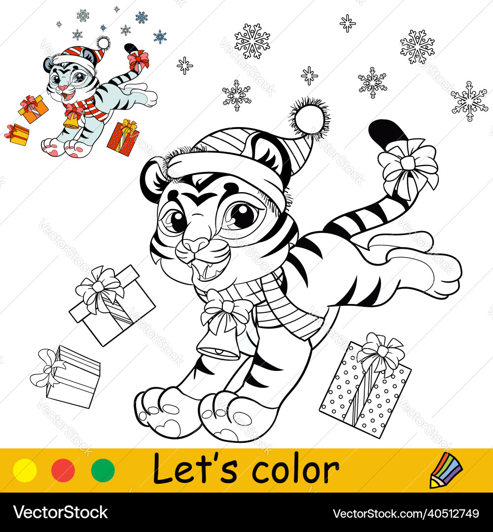Coloring cute running christmas tiger Royalty Free Vector