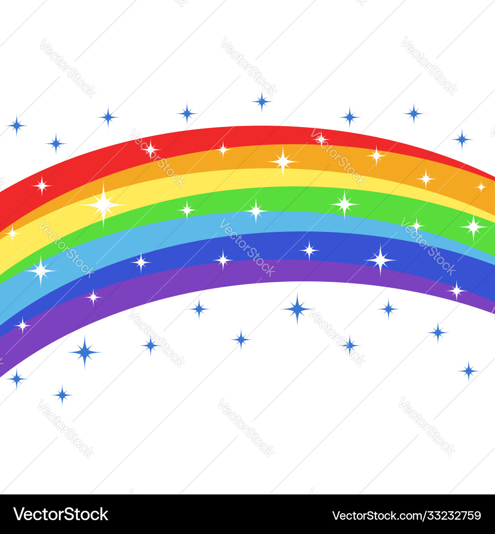 Colorful rainbow with magic stars over blue sky Vector Image
