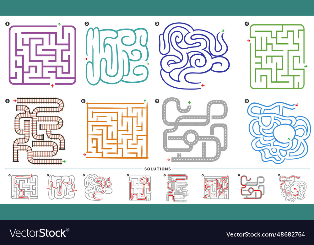 Maze puzzle activities graphs set with solutions Vector Image