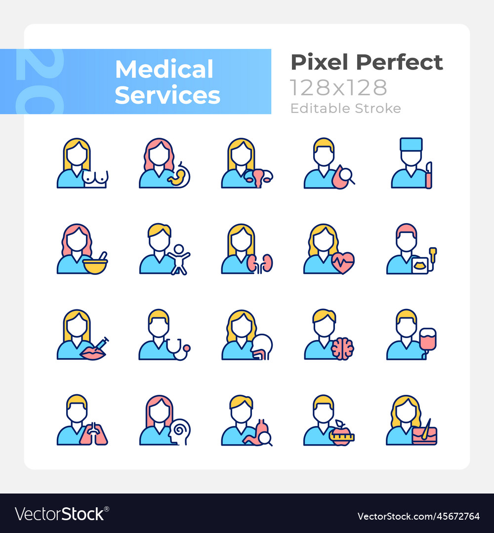 Medical services pixel perfect rgb color icons set