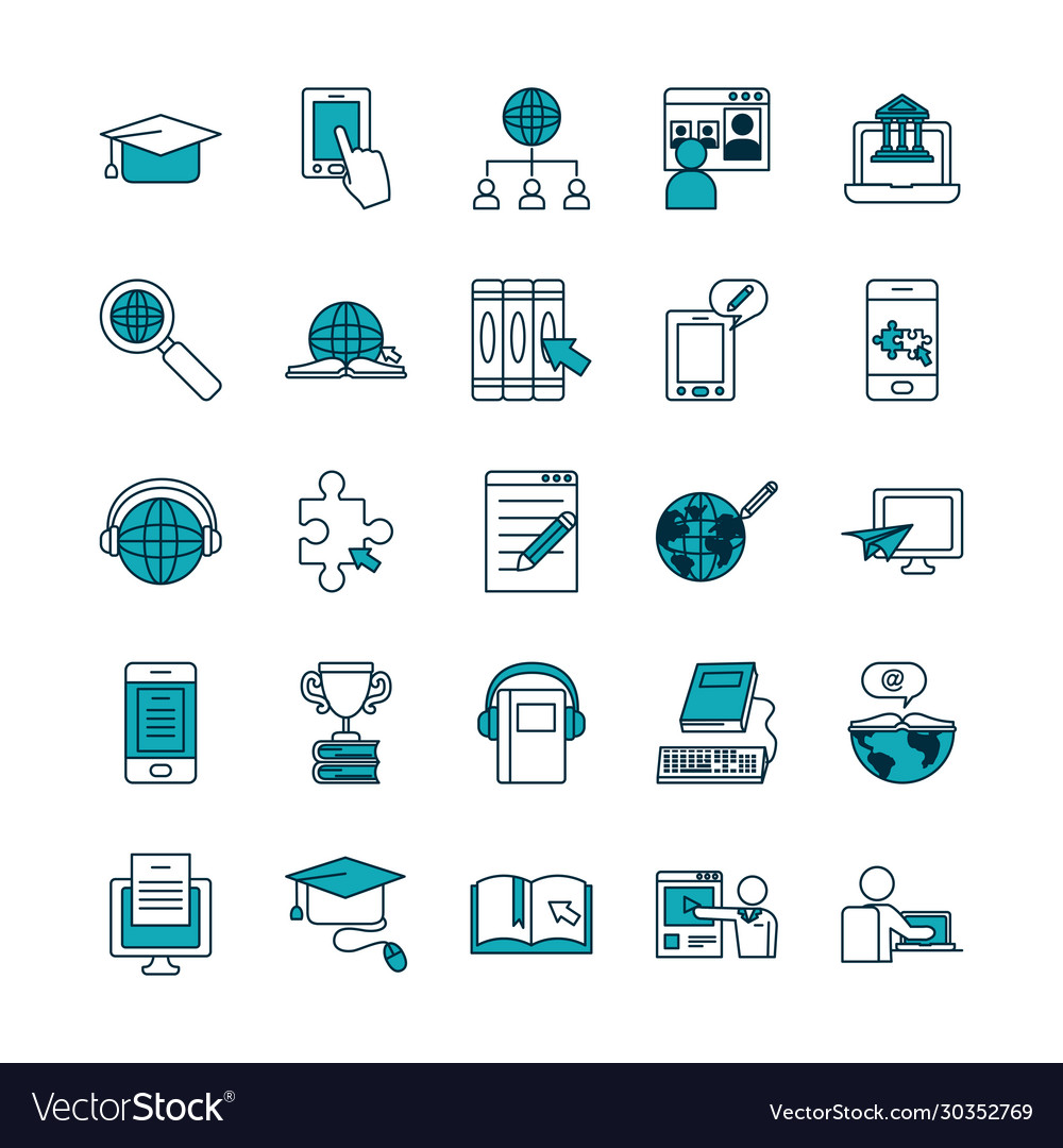 Books and online education icon set half line Vector Image