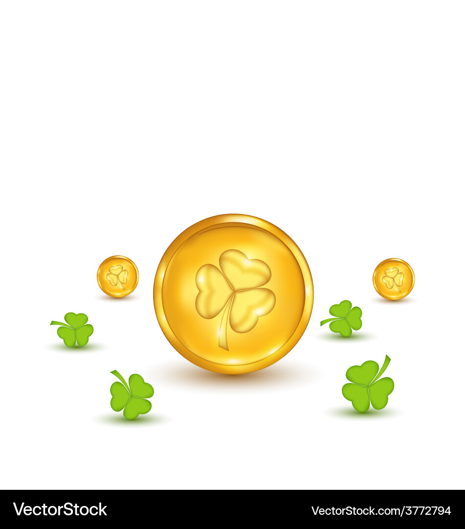 Clovers and coins with shadows on white background