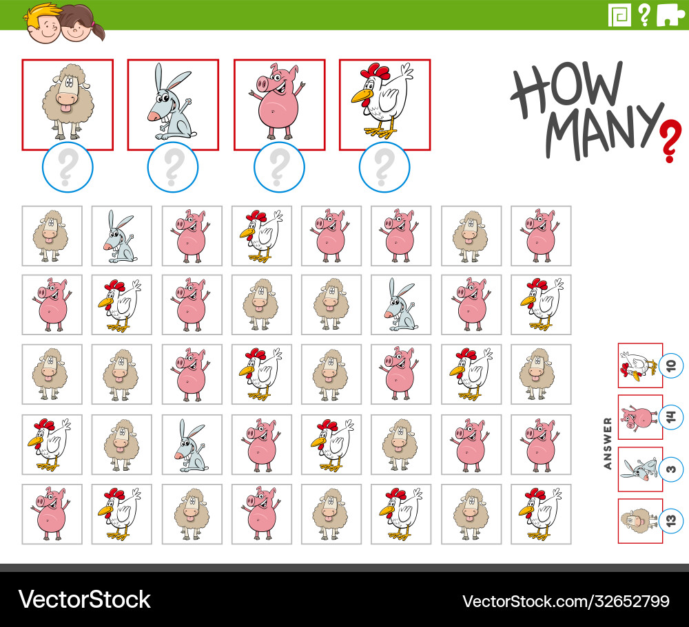 How many farm animal characters counting task Vector Image