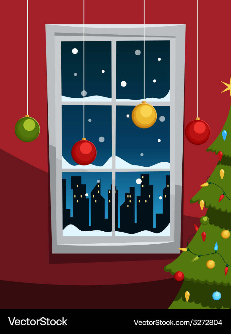 Christmas night with tree and window Royalty Free Vector