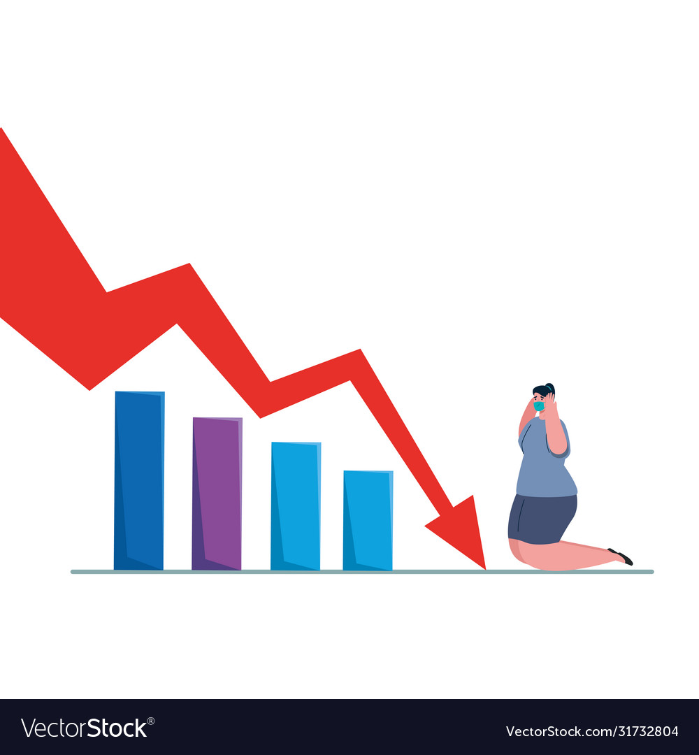 Woman with mask and decrease arrow bankruptcy Vector Image