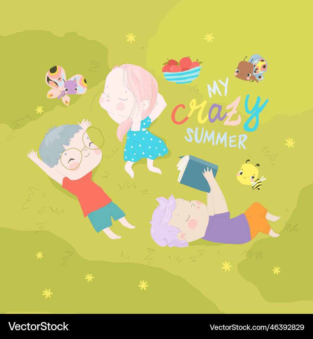 Happy kids lying on the grass hello summer Vector Image