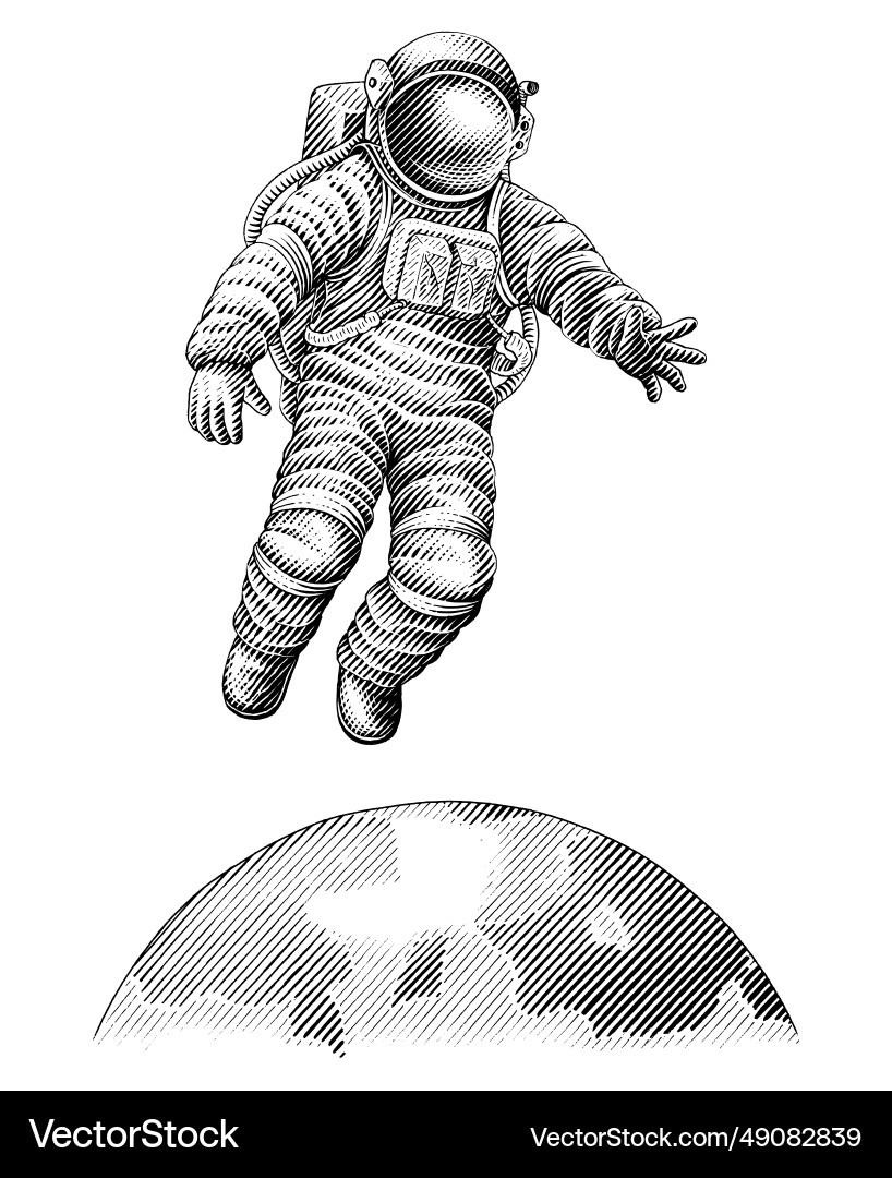 Astronaut hand drawing engraving style black Vector Image