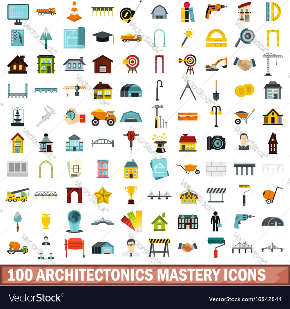 100 architectonics mastery icons set flat style Vector Image