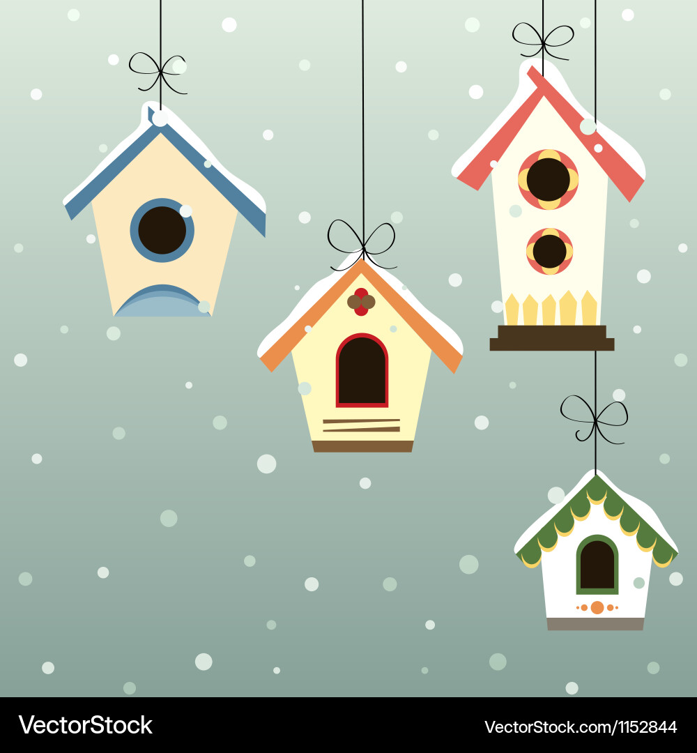 Abstract hanged bird house set in snowfall Vector Image