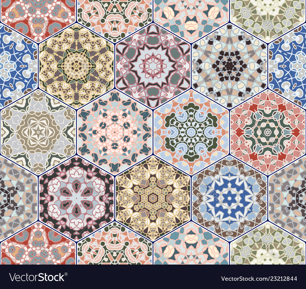Bright seamless pattern hexagonal tiles Royalty Free Vector
