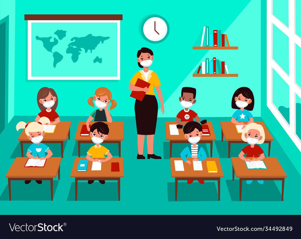 Kids in mask in classroom social distancing Vector Image
