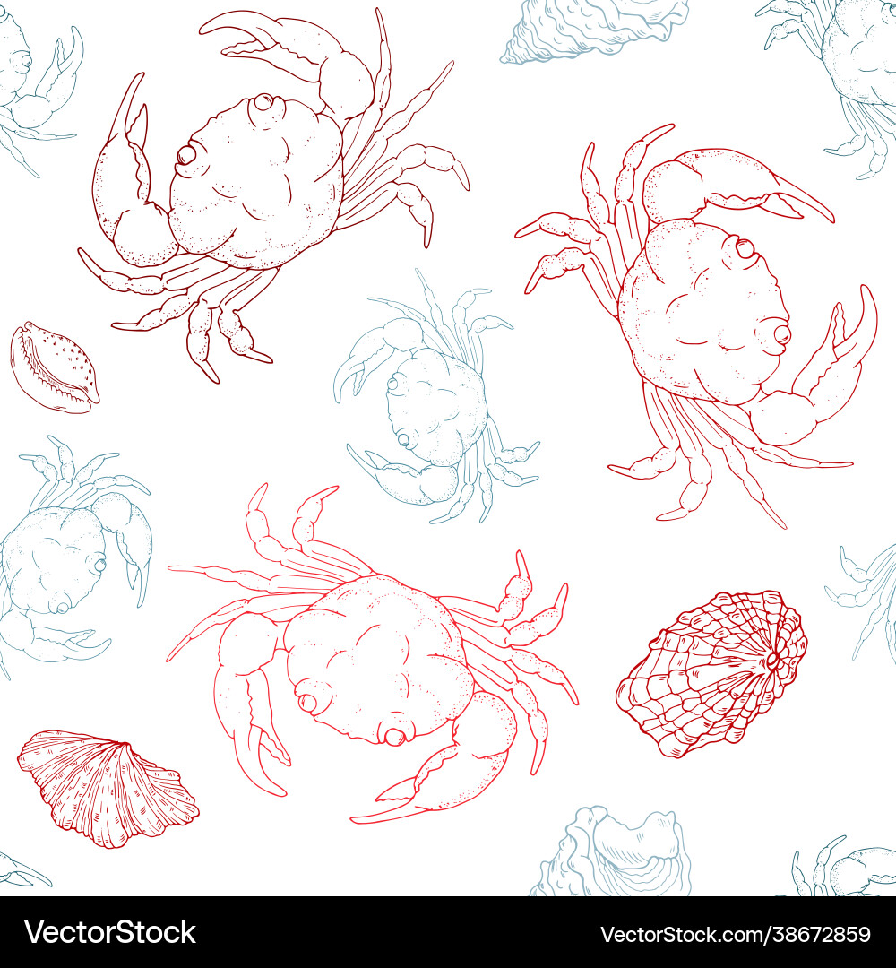 Crabs and shells on a white background seamless Vector Image