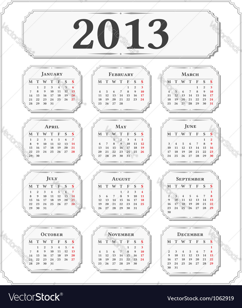 2013 Calendar Royalty Free Vector Image - Vectorstock