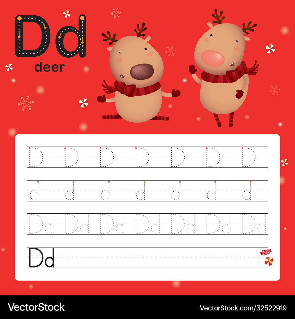 D deer alphabet tracing worksheet for preschool Vector Image