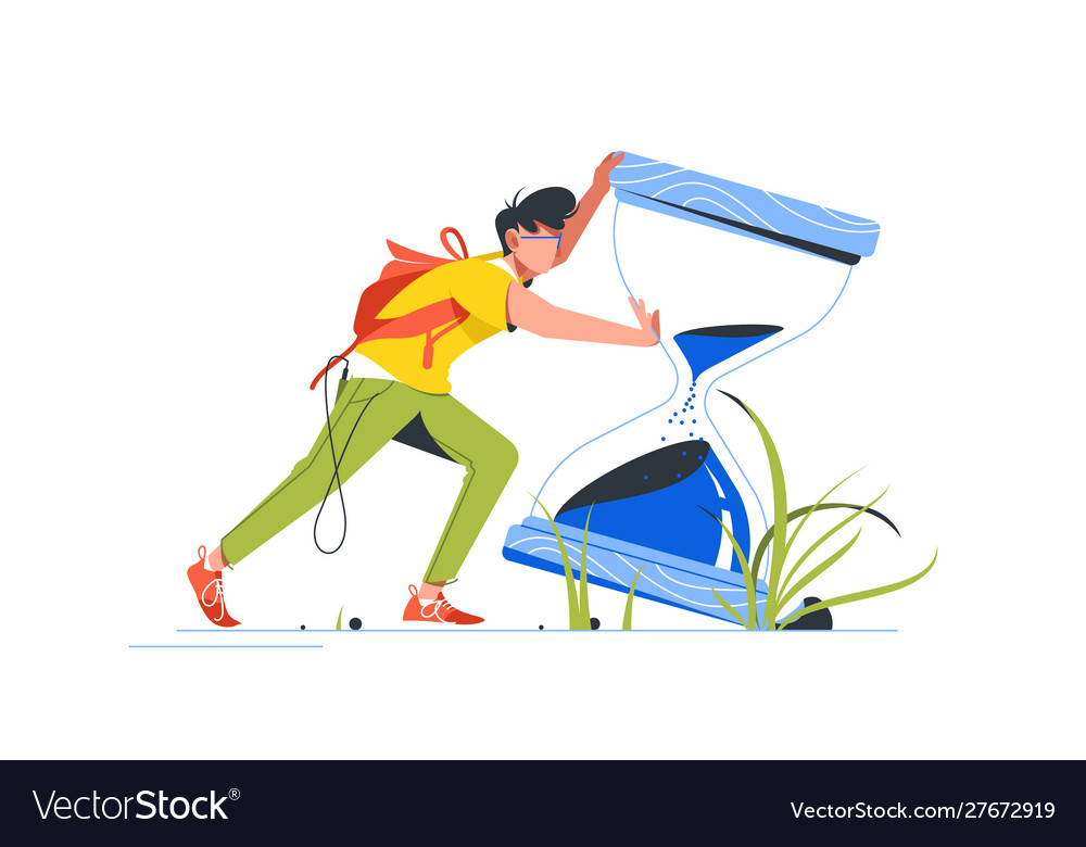 Man Pushing Big Hourglass For Faster Loading Vector Image