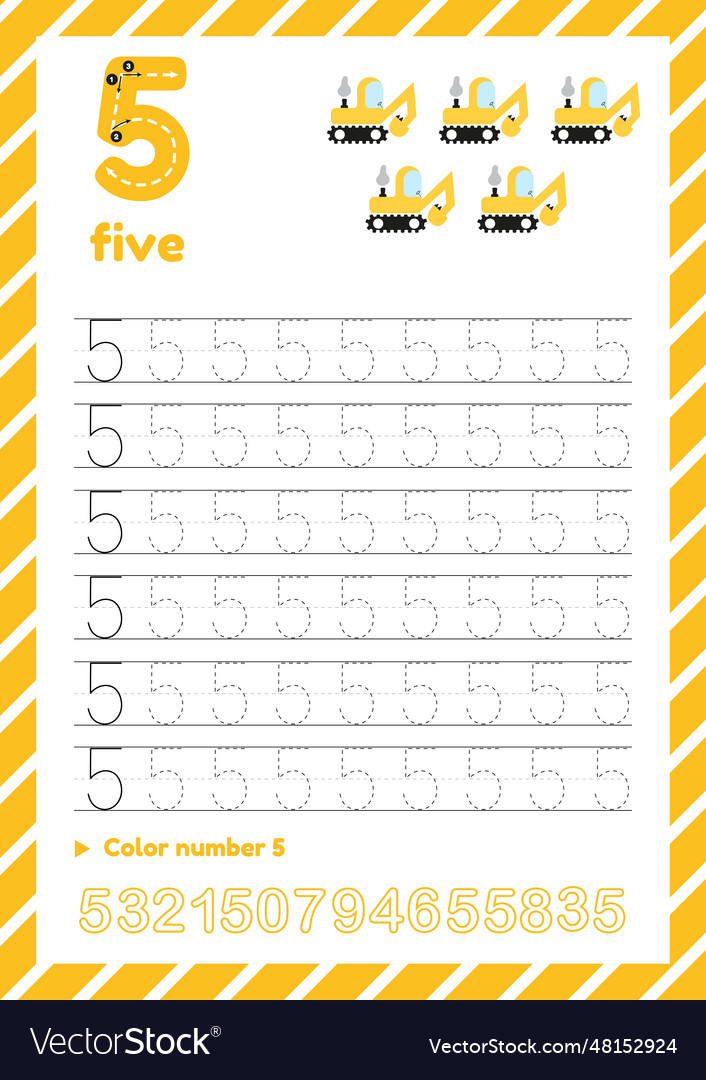 Learn and trace number five count excavators Vector Image