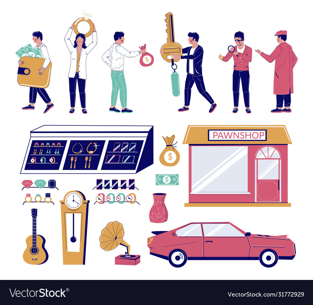 Pawnshop cartoon character set flat Royalty Free Vector