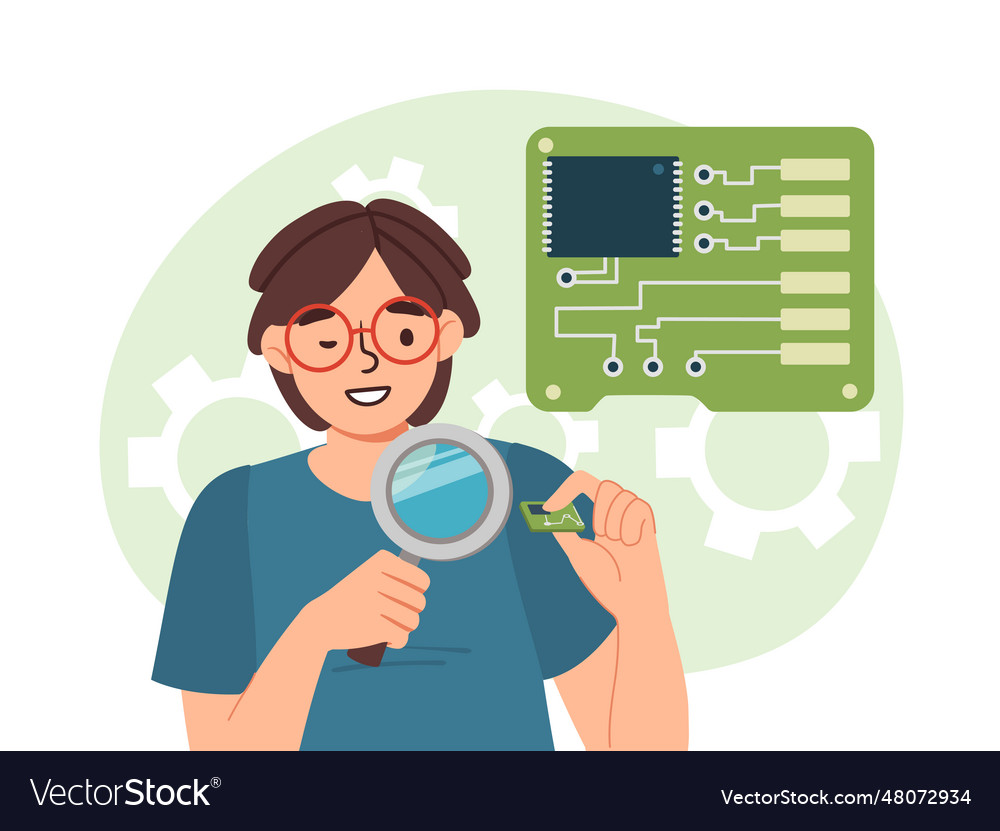 Boy repairs computer chip concept Royalty Free Vector Image