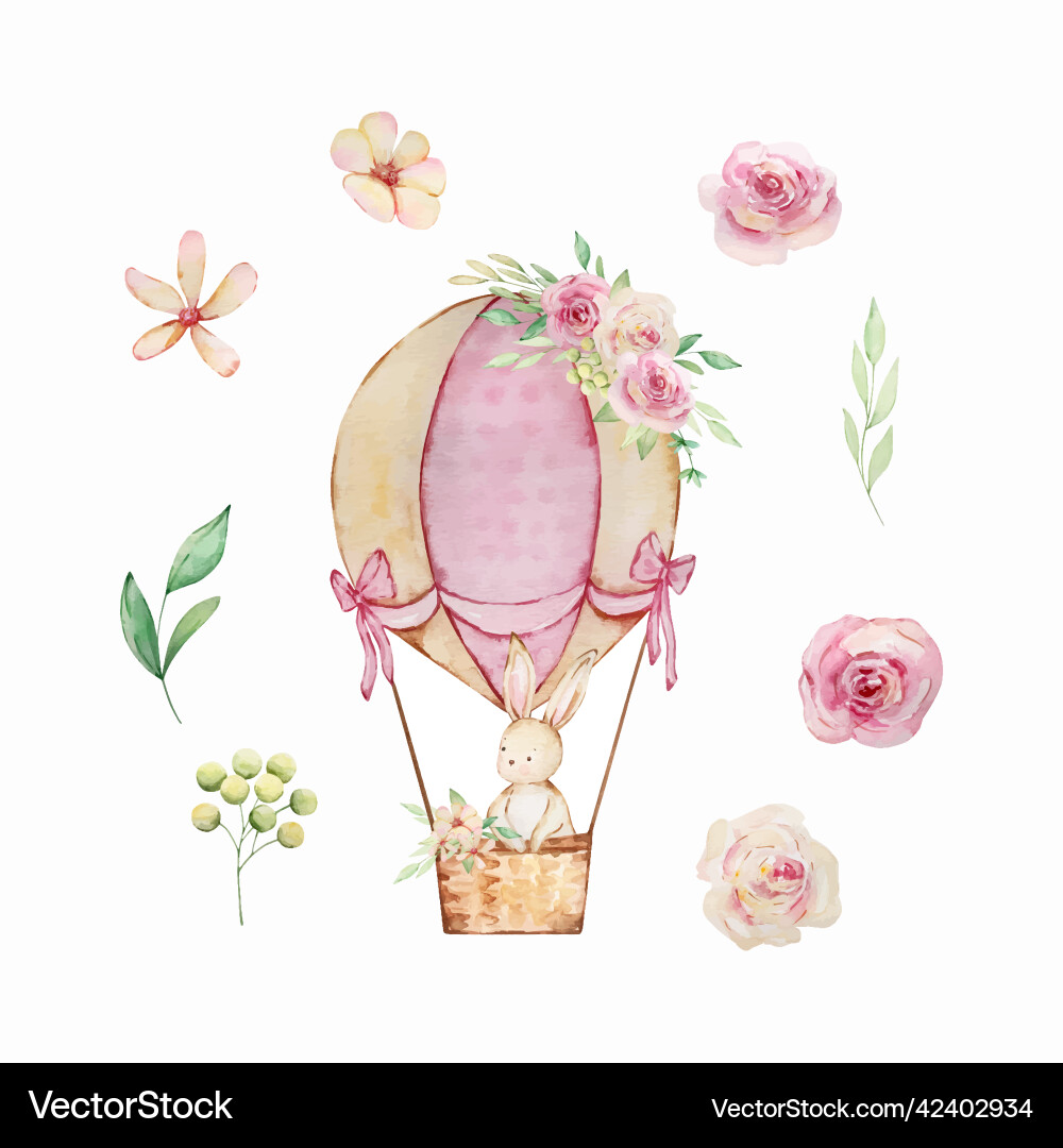 Watercolor spring easter set with bunny in balloon