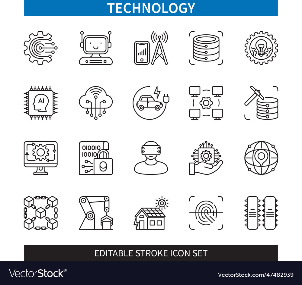 Technology editable stroke icon set Royalty Free Vector
