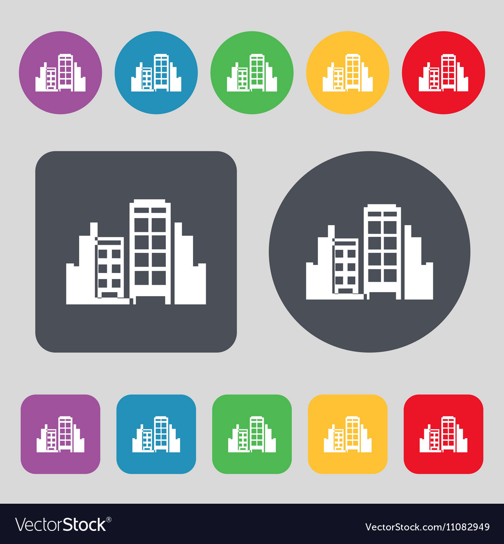 Buildings icon sign a set of 12 colored buttons Vector Image Buildings icon sign a set of 12 colored buttons Vector Image