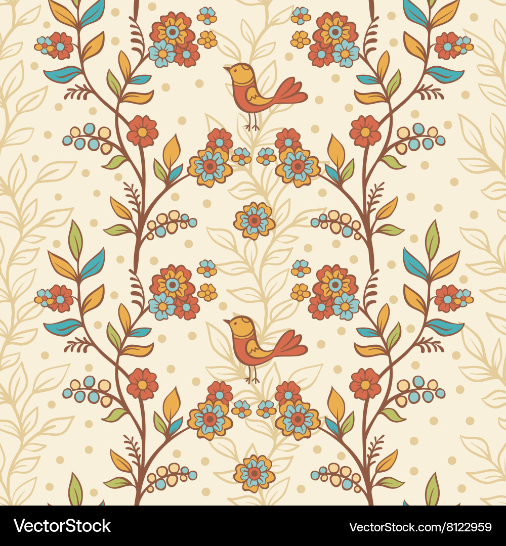 Seamless floral pattern with birds and flowers Vector Image