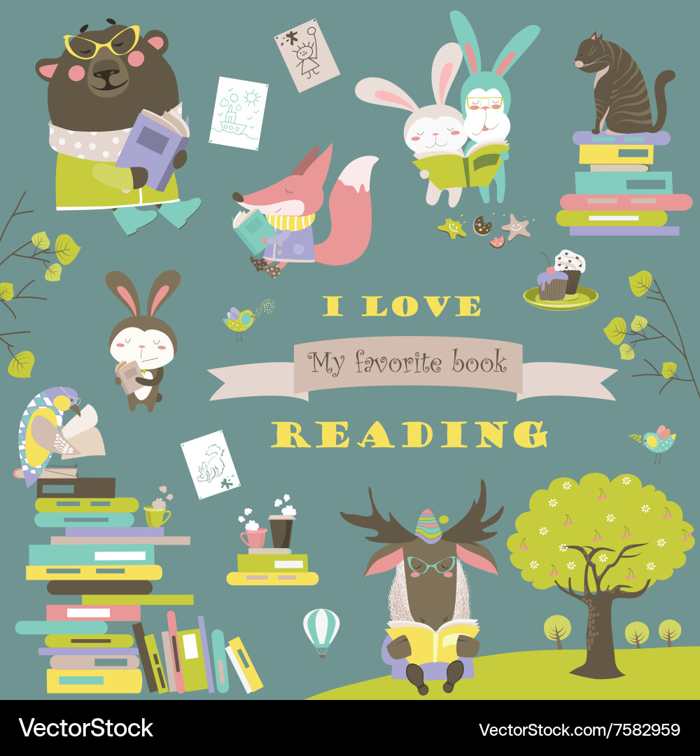 Set cartoon animals reading books Royalty Free Vector Image