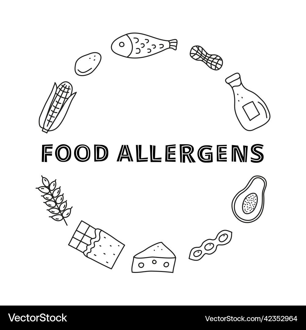 Doodle outline food allergens in circle Royalty Free Vector