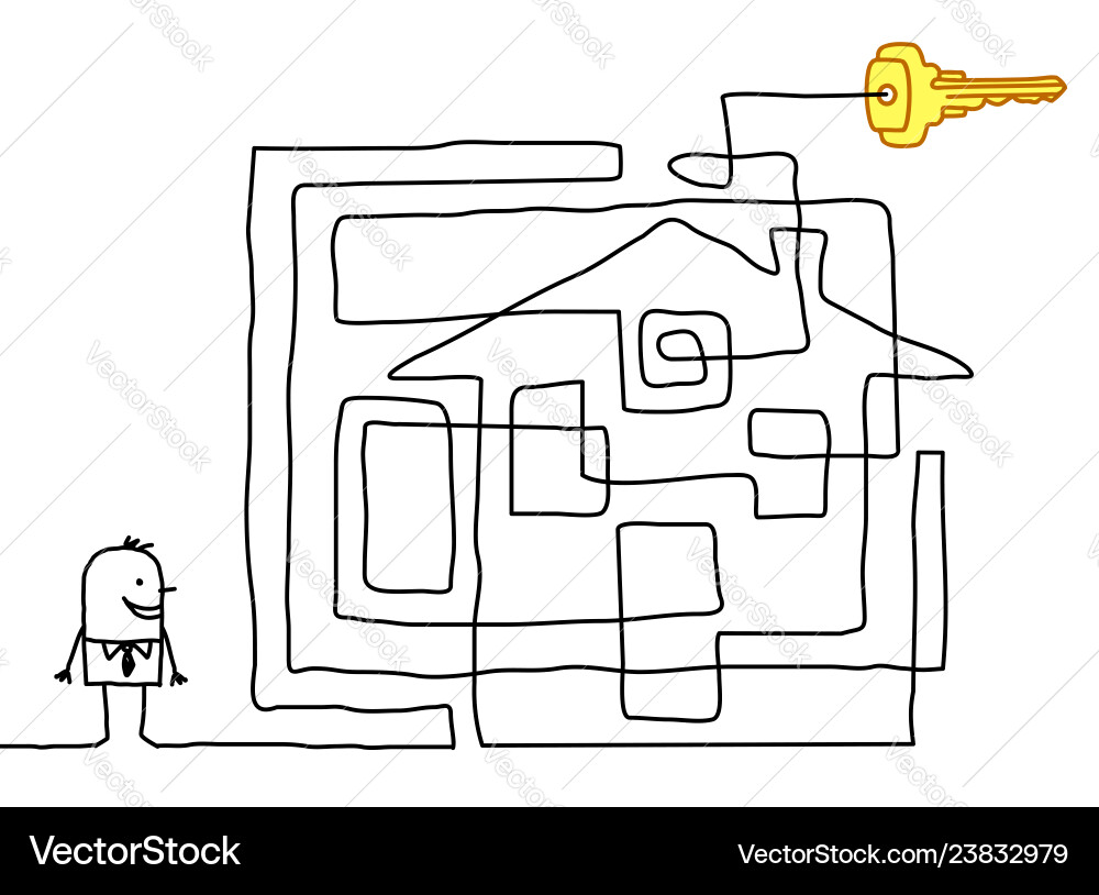 Cartoon man finding the key in a maze Royalty Free Vector