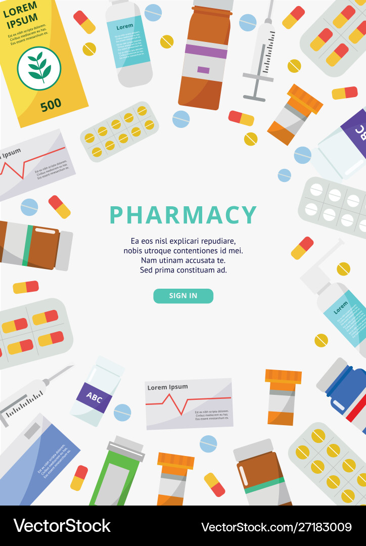 Pharmacy poster template with pills sprays and Vector Image