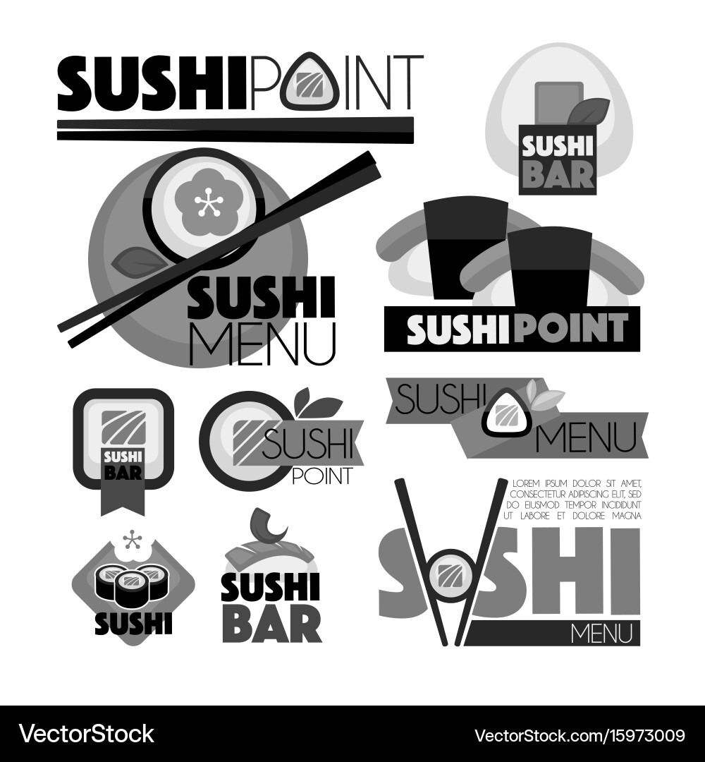 Sushi point bar menu monochrome set of emblems Vector Image