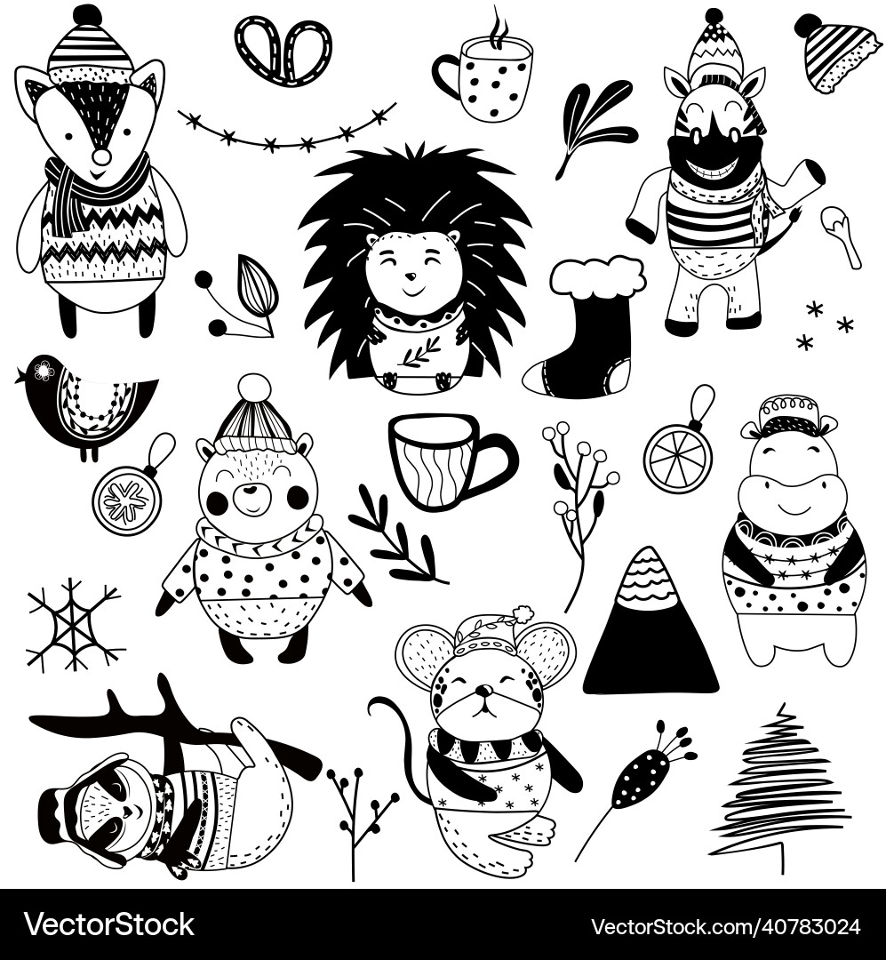 Black and white cute christmas animals fox bear Vector Image